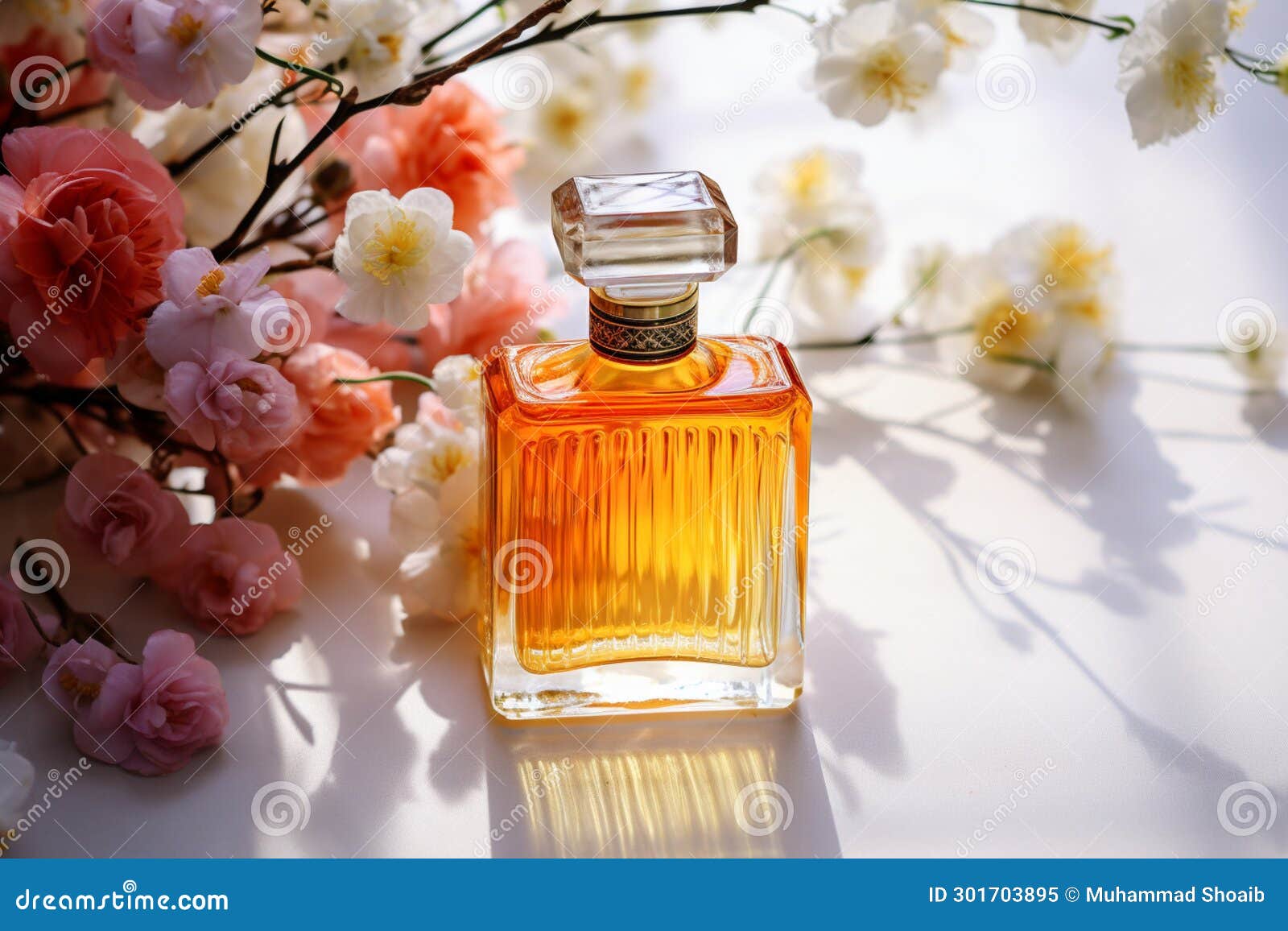 Visual Delight Perfume Bottles and Flowers Captivate on a White ...