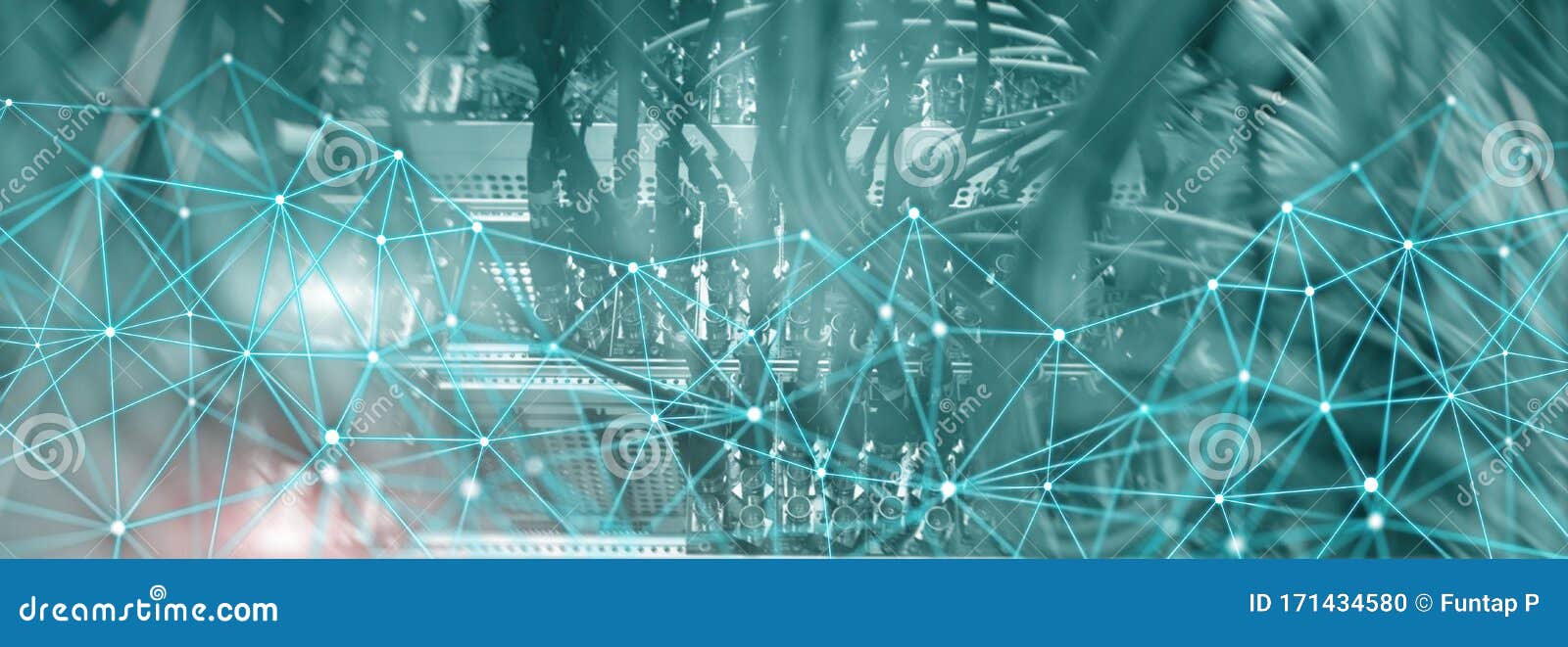 Visual Effect Connection Network in Servers Data Center Room. Elongated ...