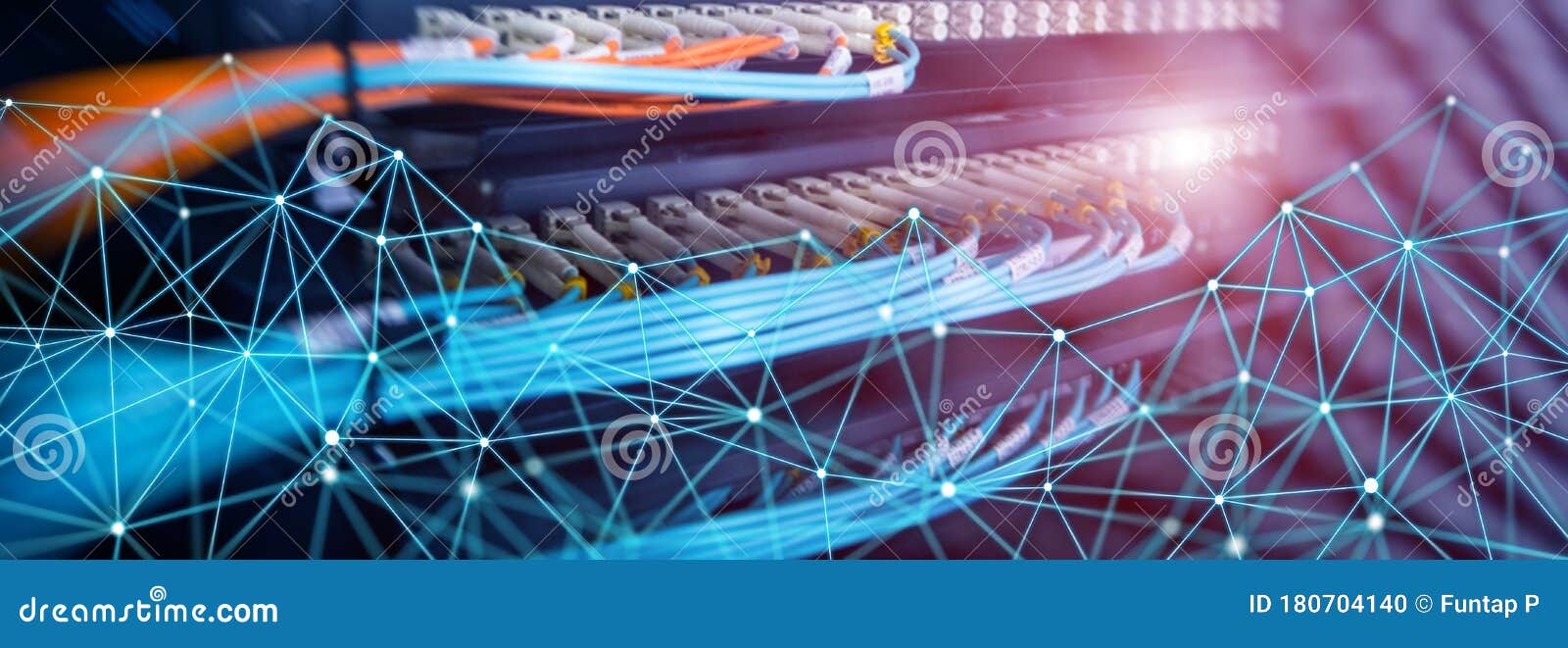 Visual Effect Connection Network in Servers Data Center Room. Elongated ...