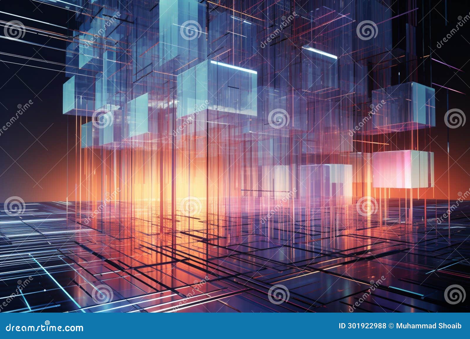 Visual Exploration Cube And Grid Space Depicted In 3d Rendering Stock