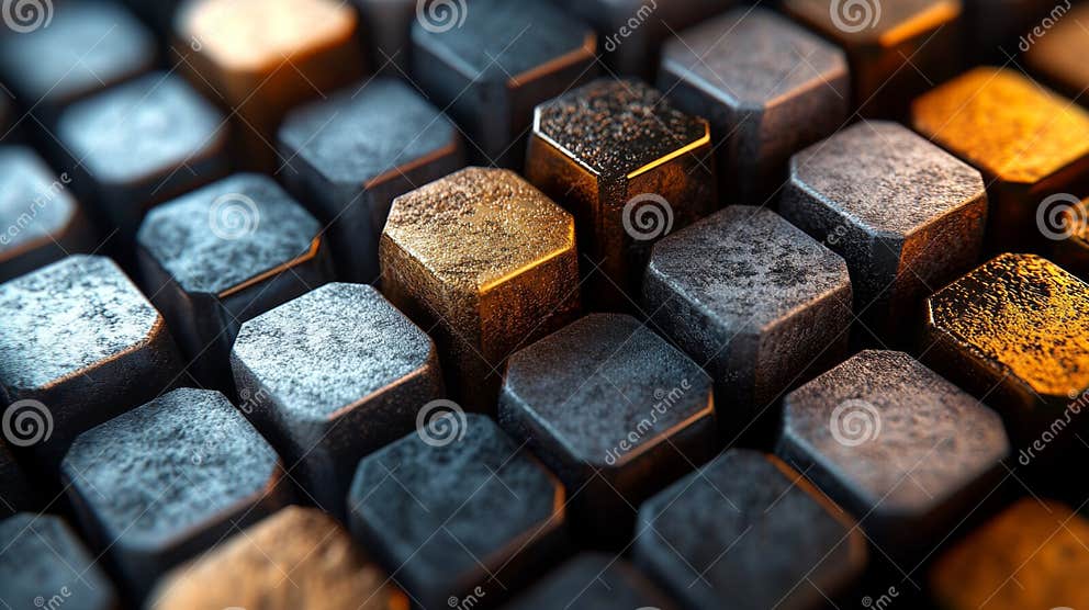 Close-up View of Textured Hexagonal Metallic Blocks Showcasing ...