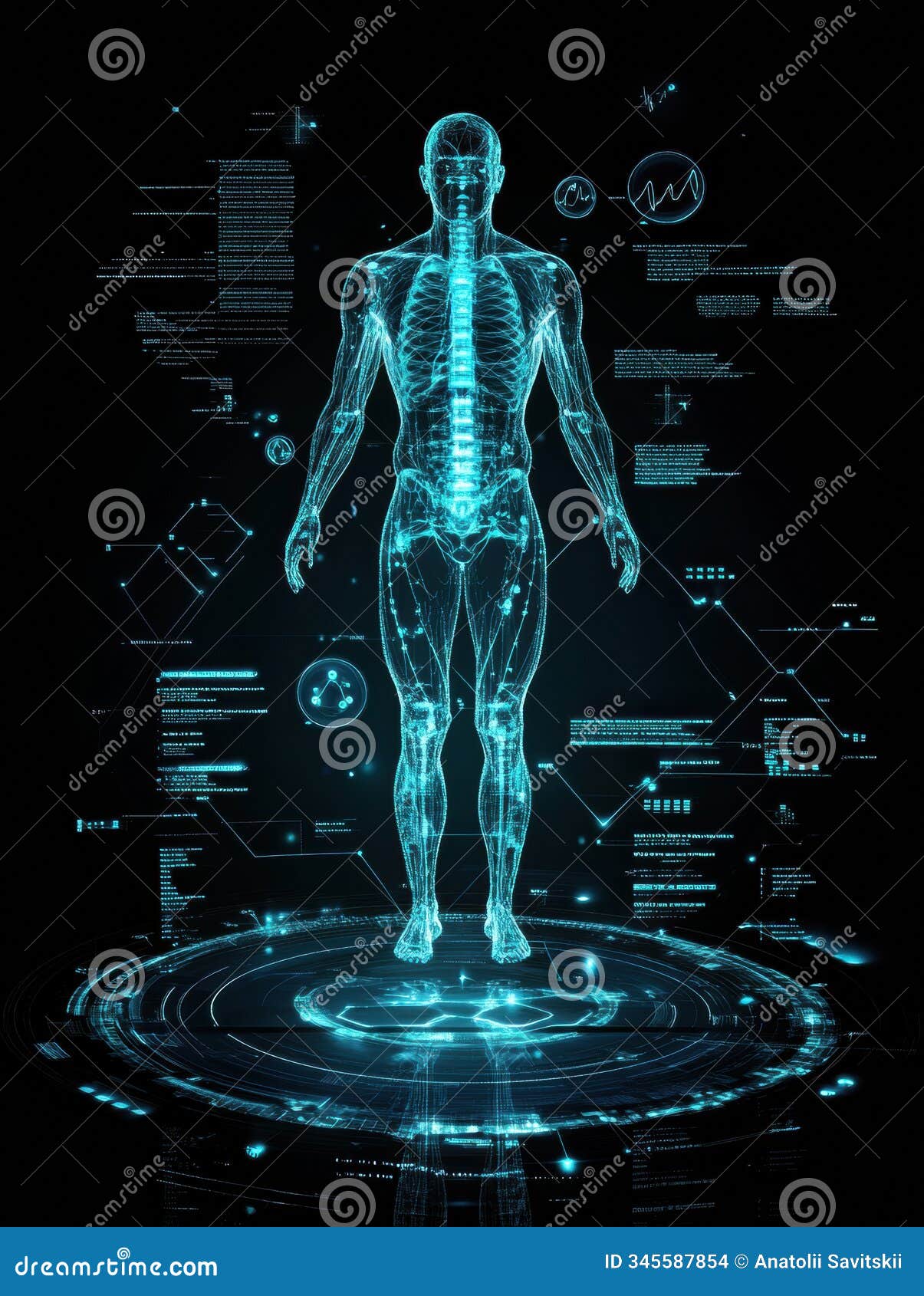 This Visual Features a Holographic Human Figure Displaying Intricate ...