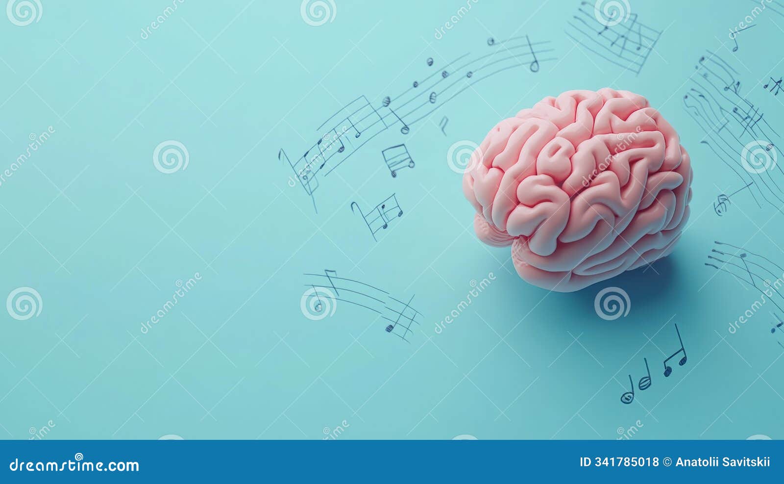 The Visual Features a Human Brain Amidst Flowing Musical Notes ...