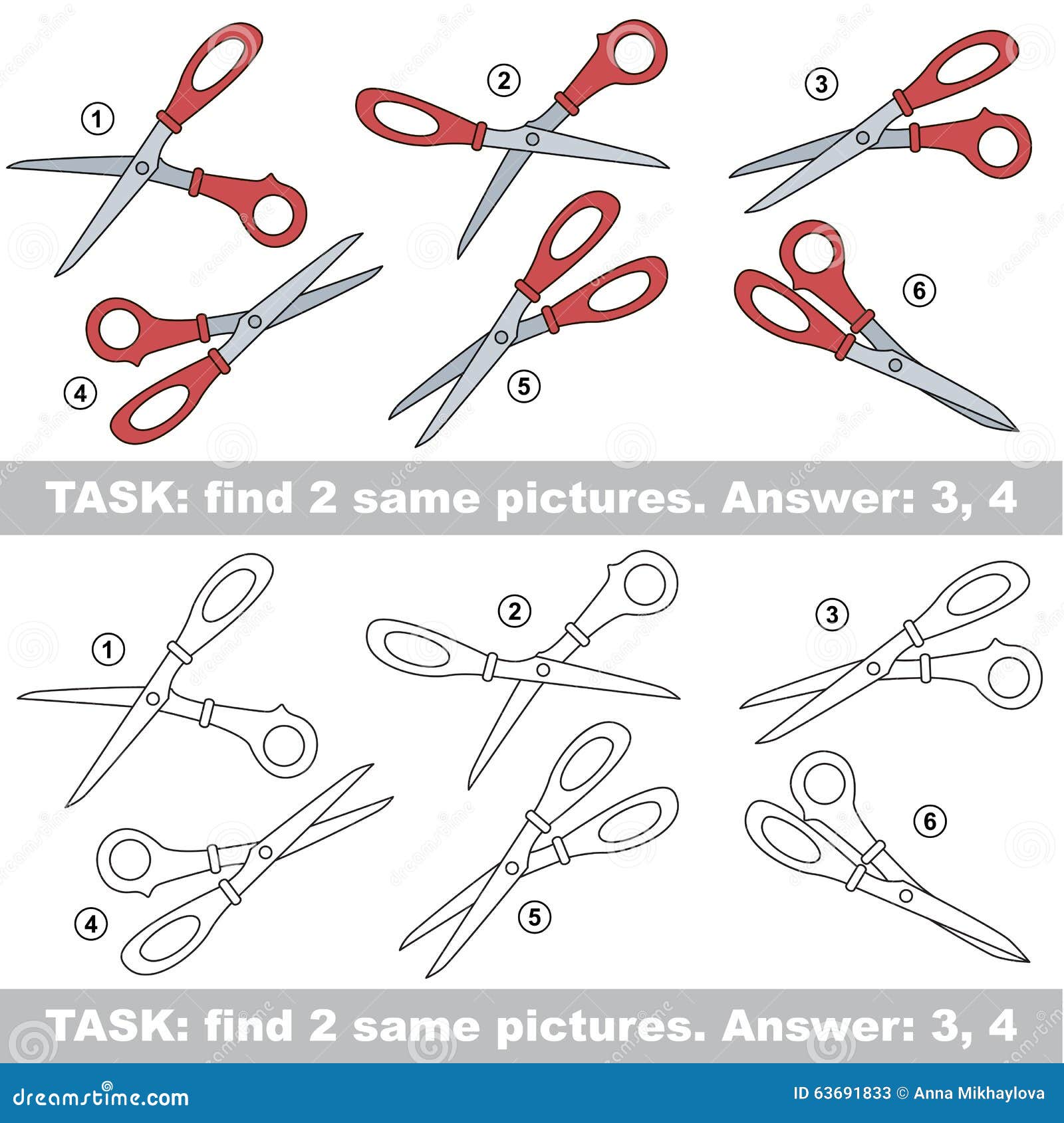 Visual Game. Find Hidden Couple of Scissors with Red Handle Stock ...