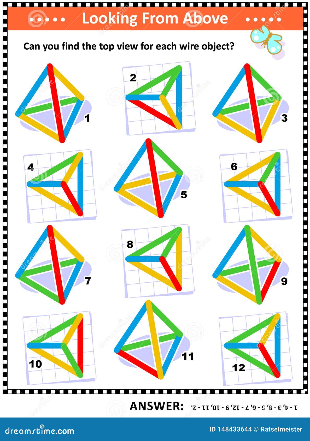Visual Math Puzzle - Find the Top View for Colorful Wire Objects Stock ...
