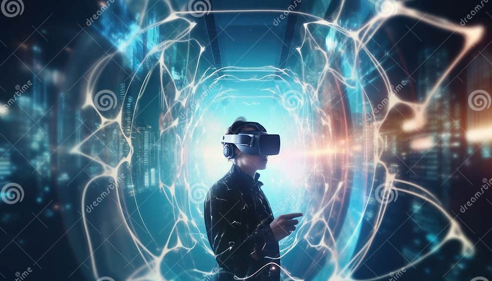 Visual Reality Concept. Young Man Using Visual Reality or VR Headset ...