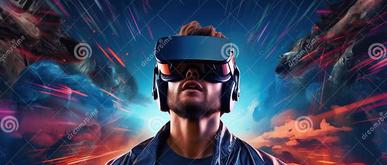 Visual Reality Concept. Young Man Using Visual Reality or VR Headset ...