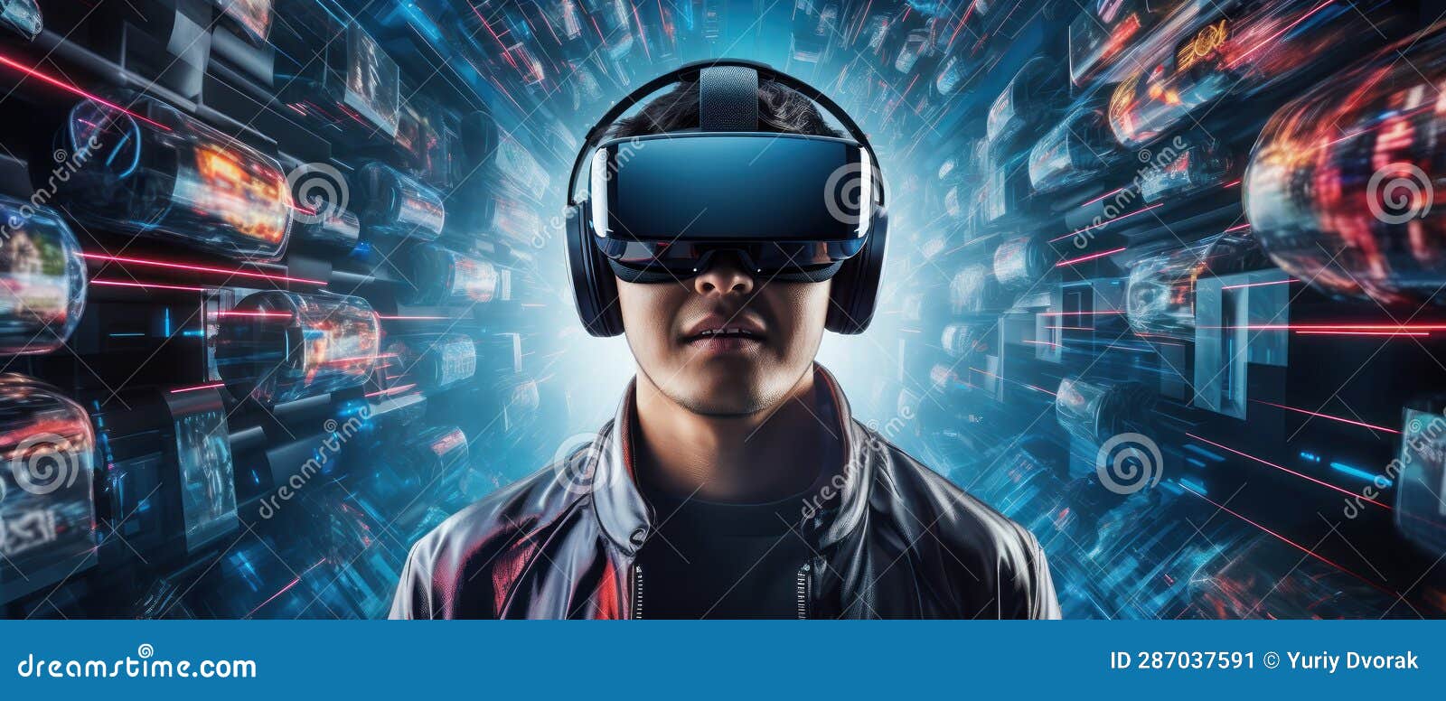Visual Reality Concept. Young Man Using Visual Reality or VR Headset ...