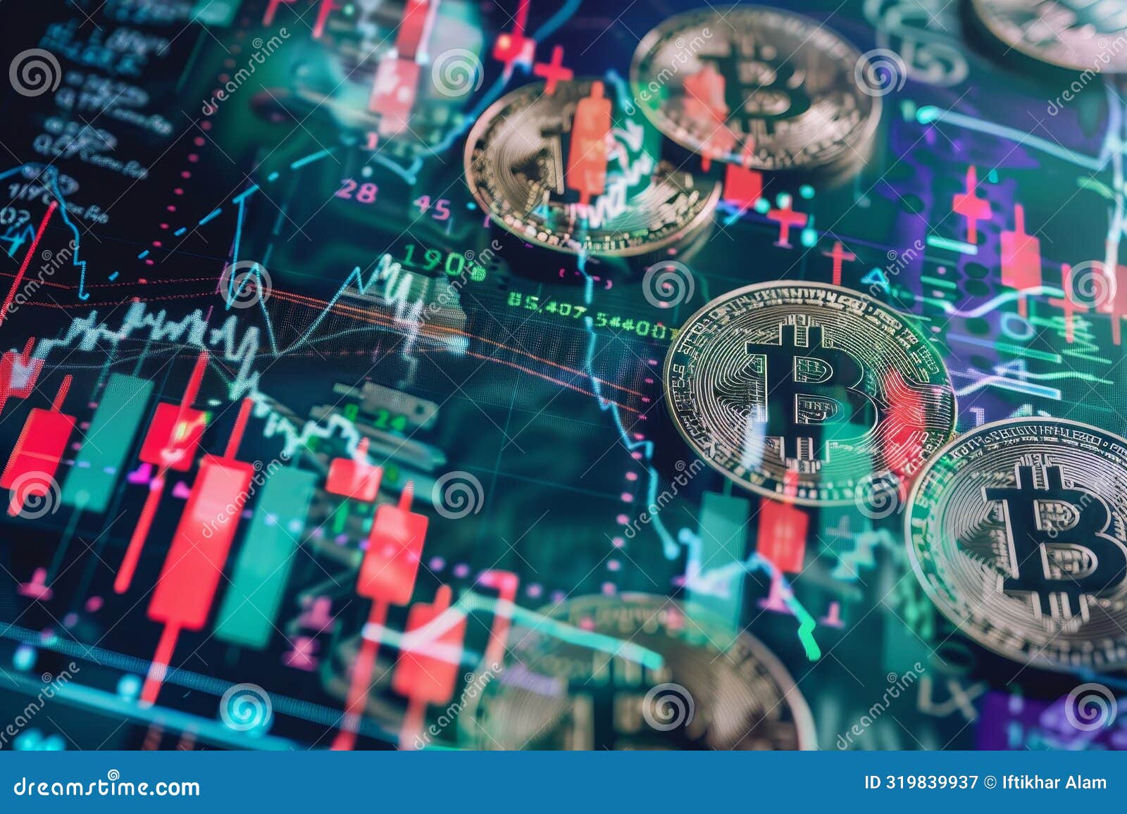 Visual Representation of Bitcoins Alongside a Stock Chart, Illustrating ...