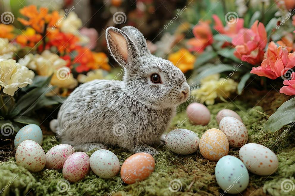 A Visual Representation with a Chubby, Cute Bunny and an Easter Egg Set ...