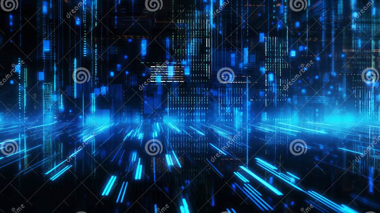 Visual Representation of Digital Data Streaming Across a Glowing Grid ...