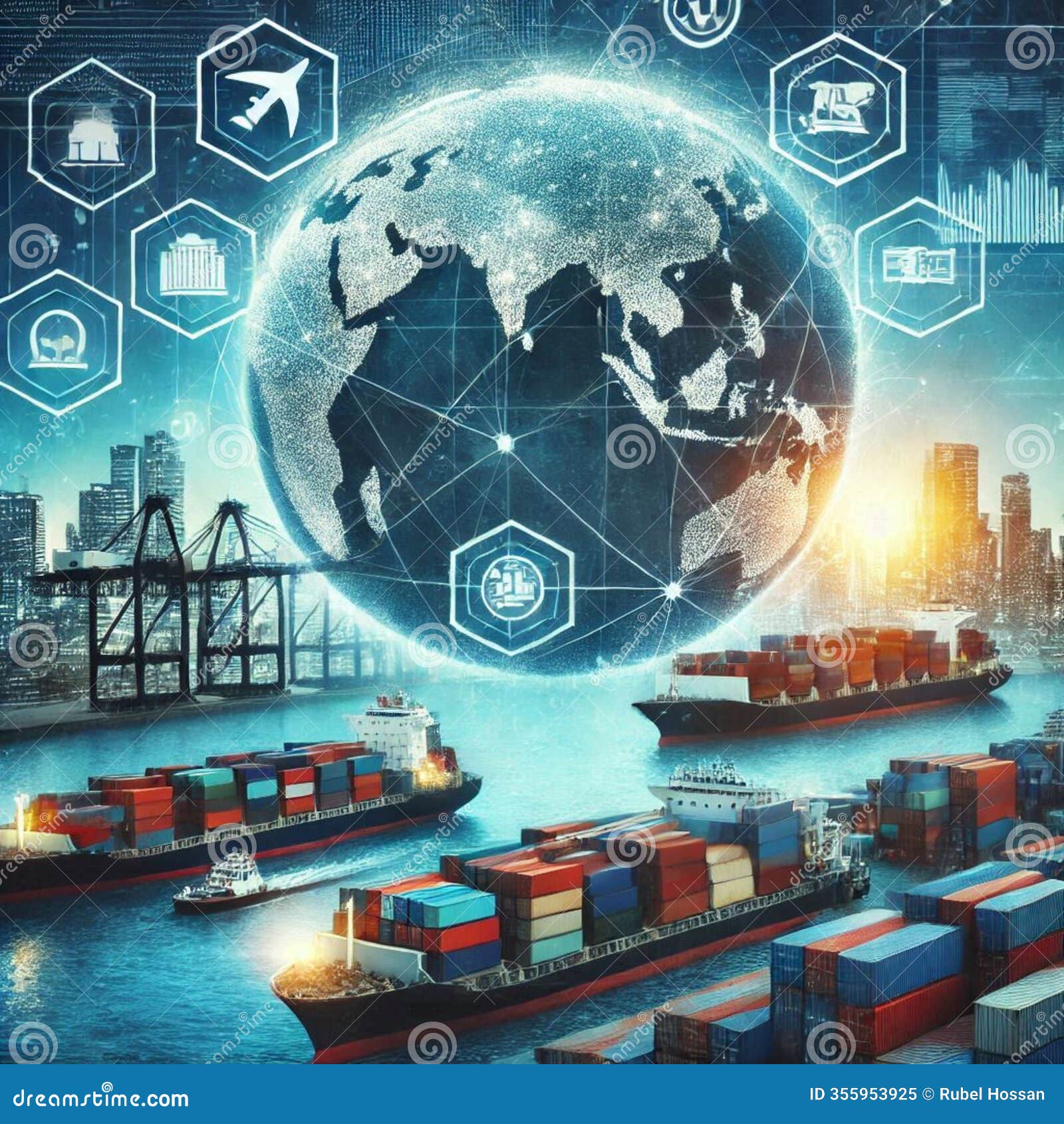 Visual Representation of Global Trade, Showcasing Trucks and Containers ...