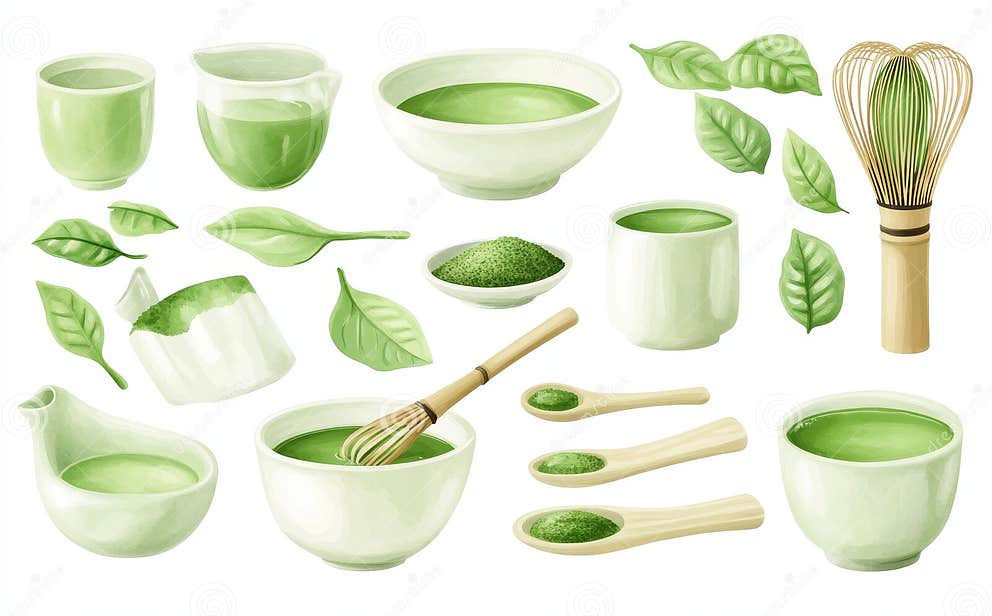 A Visual Representation of Green Tea Essentials Featuring Utensils ...
