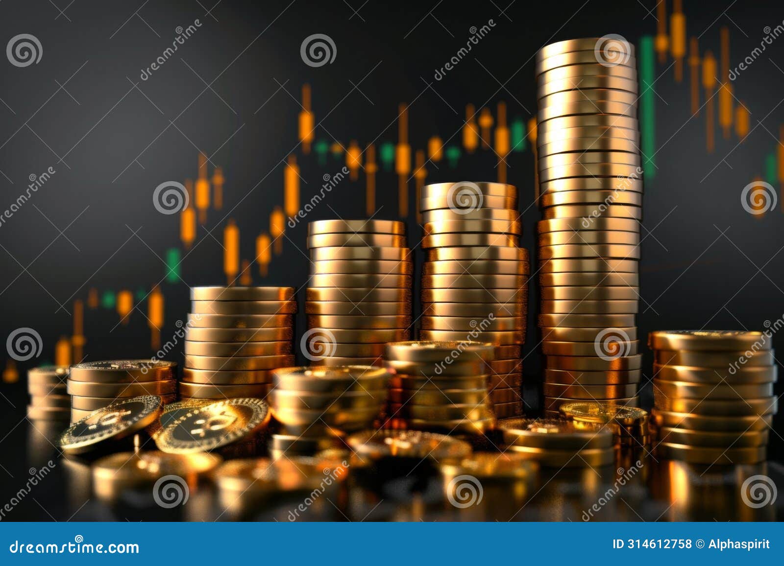 Visual Representation of Growing Piles of Coins with Financial Chart in ...