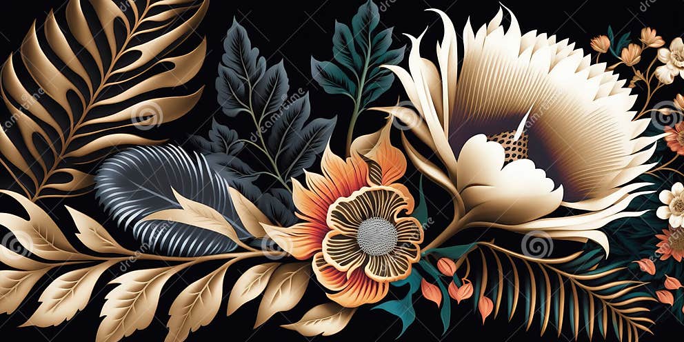 Illustration of a Floral on Black Background. Wallpaper. Generative AI ...