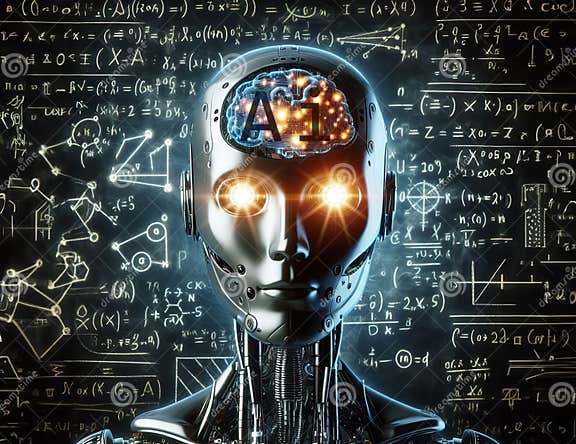 Visual Representation of a Robotic AI Brain Amidst Complex Mathematical ...