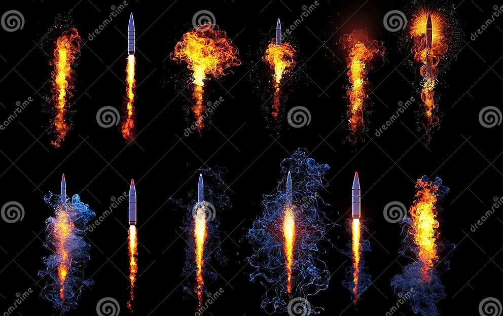 Visual Sequence of Rocket Launches Showcasing Flames, Smoke Trails, and ...
