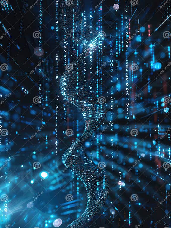 This Visual Showcases a 3D DNA Strand Entwined in Vibrant Digital Data Streams and Binary Code ...