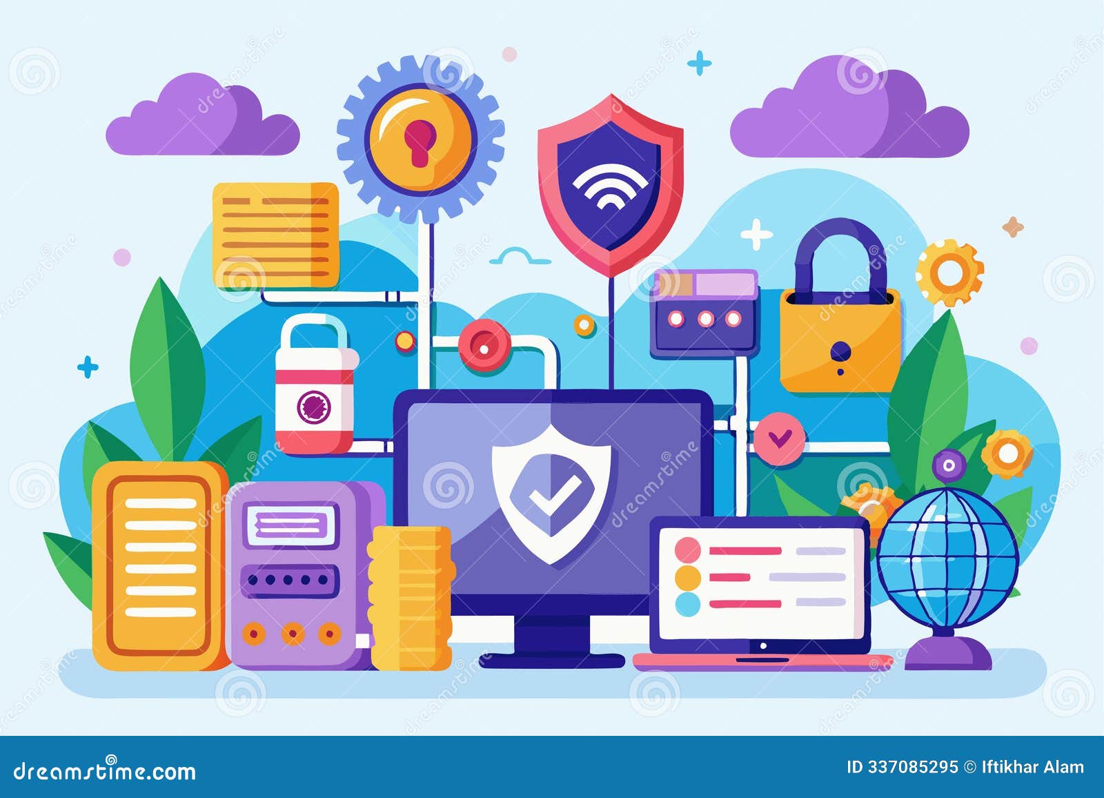 The Visual Showcases Various Elements of Cybersecurity, Including Locks ...