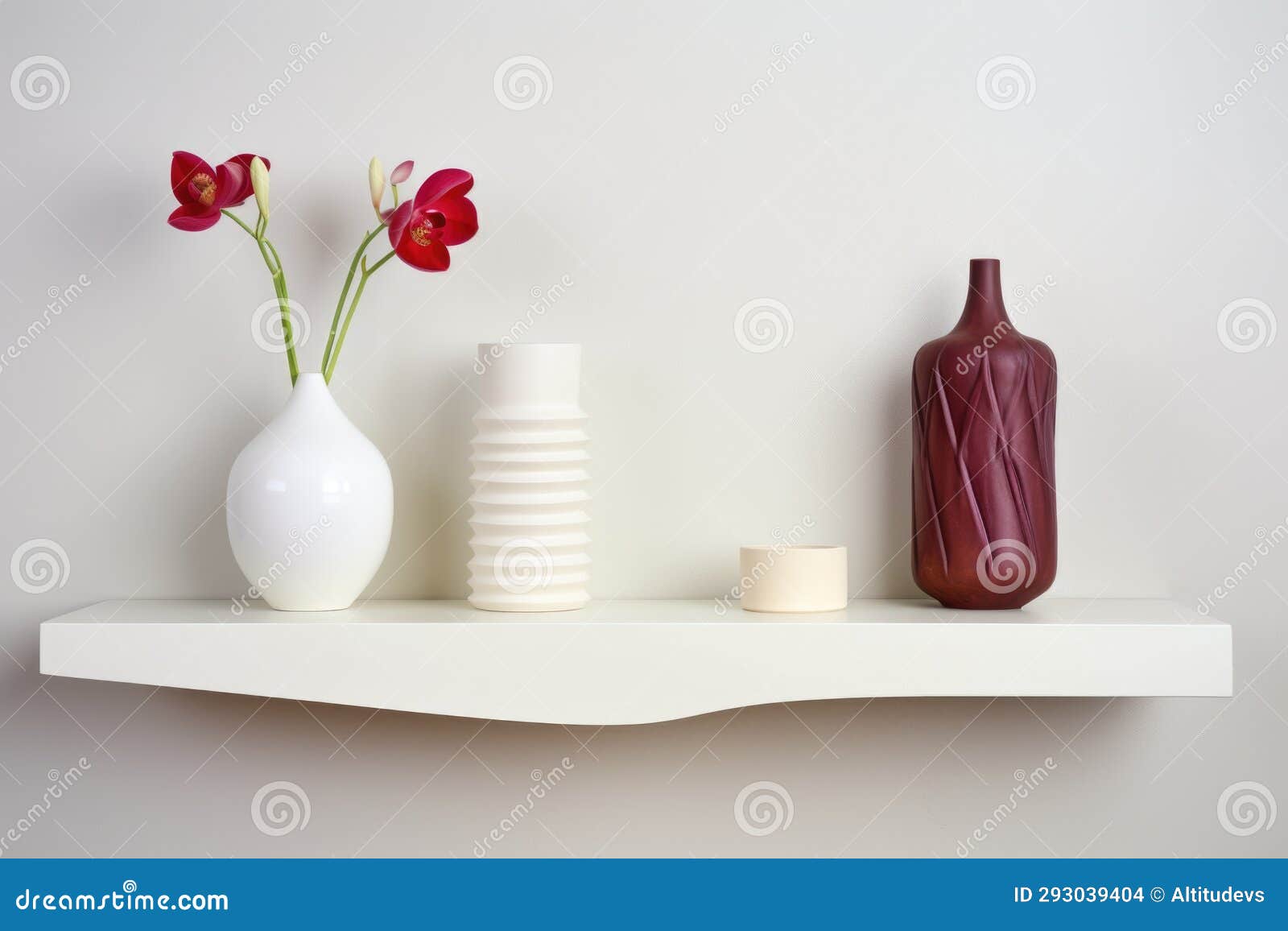 Visual of White Floating Shelves with Matching Ceramics Stock Photo ...