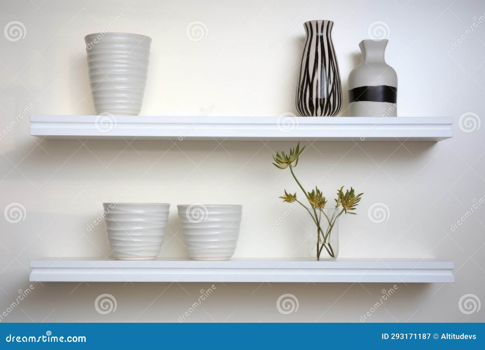 Visual of White Floating Shelves with Matching Ceramics Stock Image ...