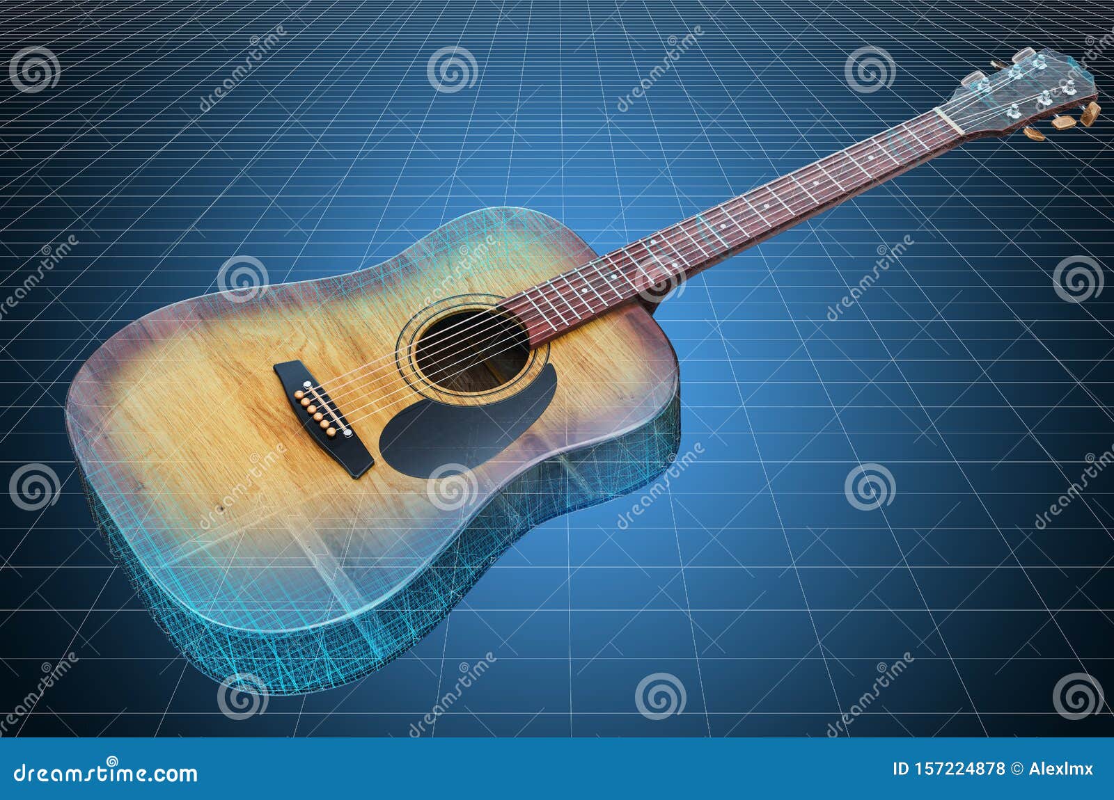 Visualization 3d Cad Model of Acoustic Guitar, Blueprint. 3D Rendering ...