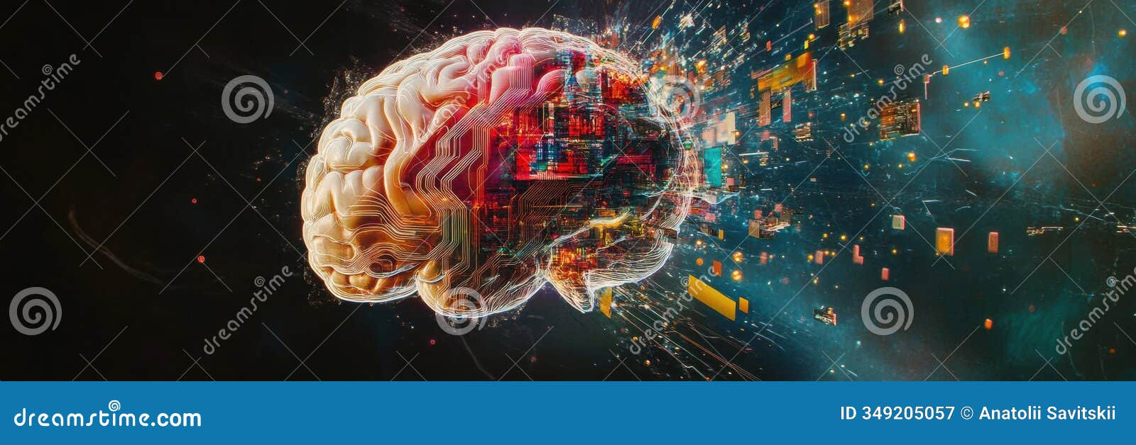 Visualization of a Digital Brain Merging with AI Elements Like Circuits ...