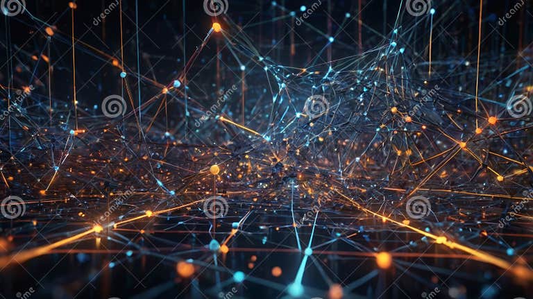 Visualization of Neural Network Mesh with Glowing Nodes and Connections Symbolize Complexity of ...