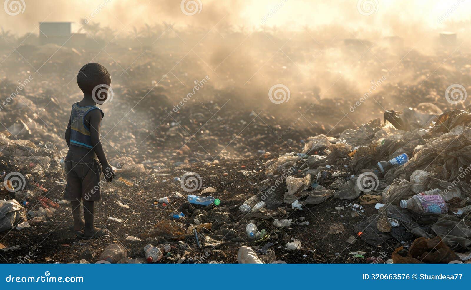 Child Standing Alone in Smoky Garbage Dump Stock Photo - Image of ...
