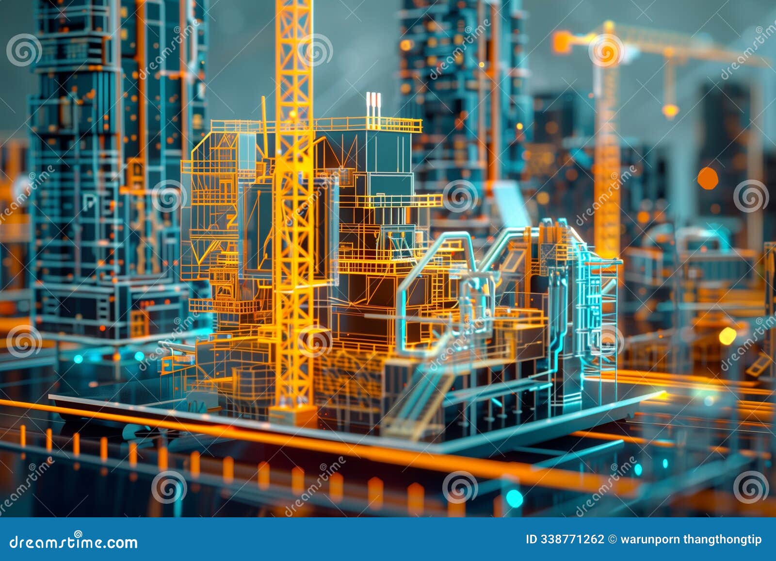 Visualization Wireframe Blueprint Glowing with Neon Outlines Represent ...