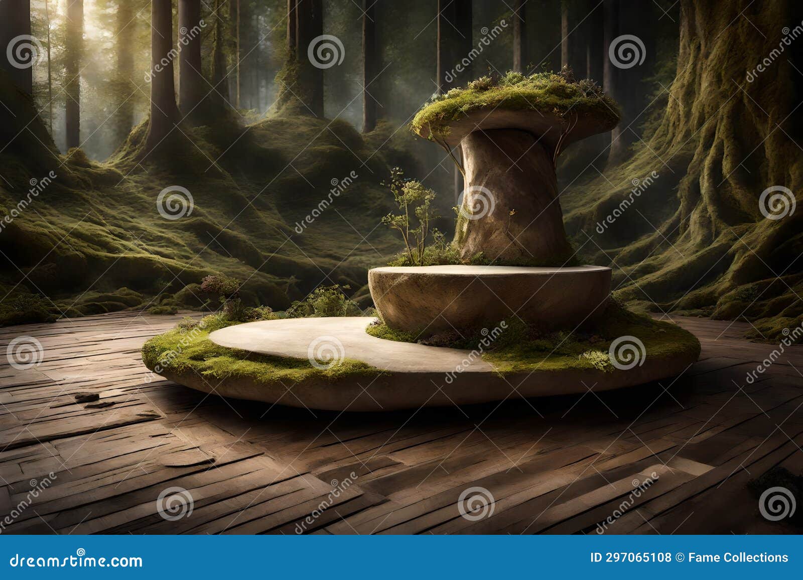 Visualize A Magical Forest Setting With A Flat Stone Podium, Placed ...
