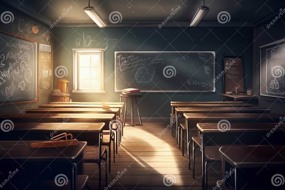 Visually Appealing Classroom Setting with Rows of Desks and Chairs ...