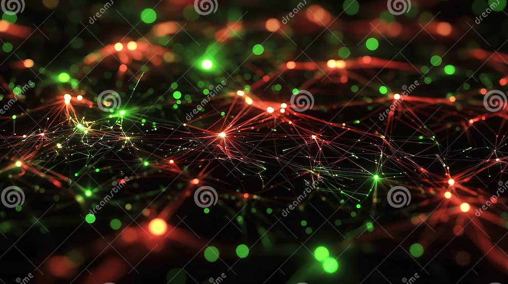 Futuristic Glowing Neural Network with Red and Green Light Nodes Stock ...