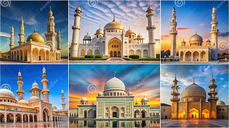 A Visually Striking Collage of Various Mosque Styles Stock Illustration ...