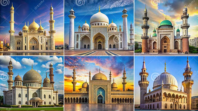 A Visually Striking Collage of Various Mosque Styles Stock Illustration ...