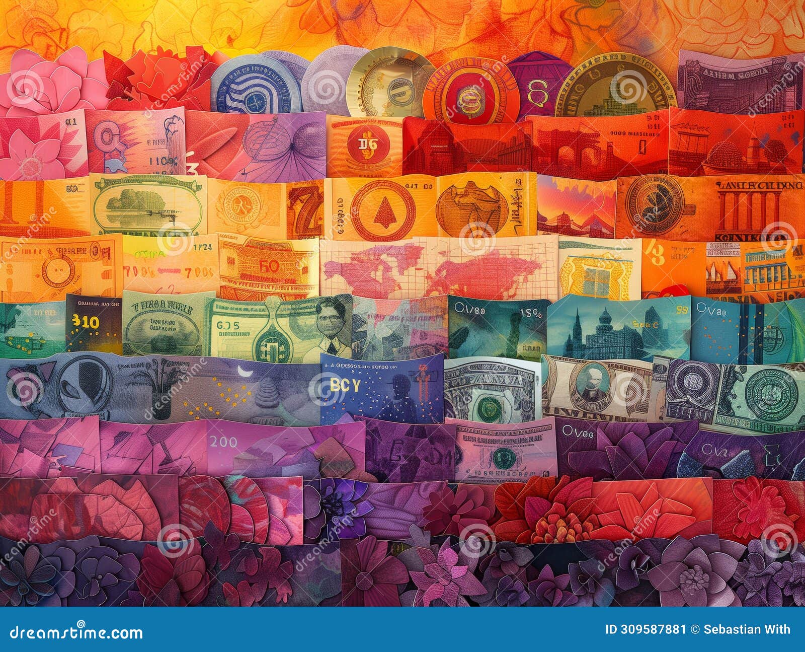 Artistic Treasury: Intricate Blend of Floral Patterns and Currency ...