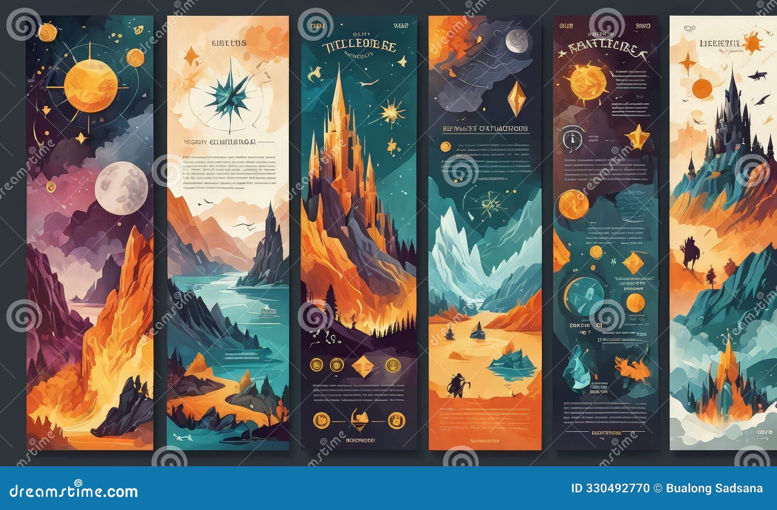 Three Vertical Banners with Mountains and Planets Stock Illustration ...