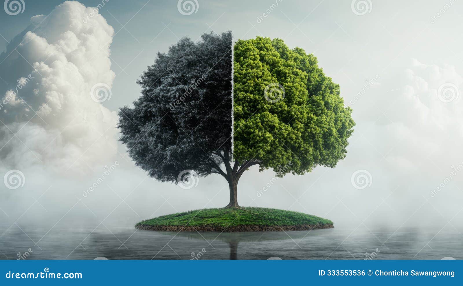 A Visually Striking Tree, Split between Winter and Spring, Representing ...