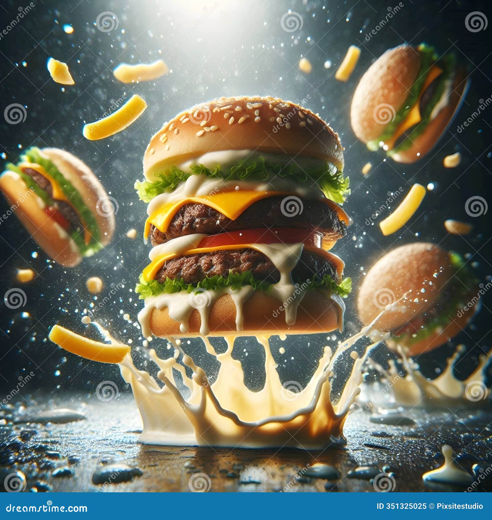 Delicious Triple-Decker Burger in Mid-Air Splash Stock Illustration ...