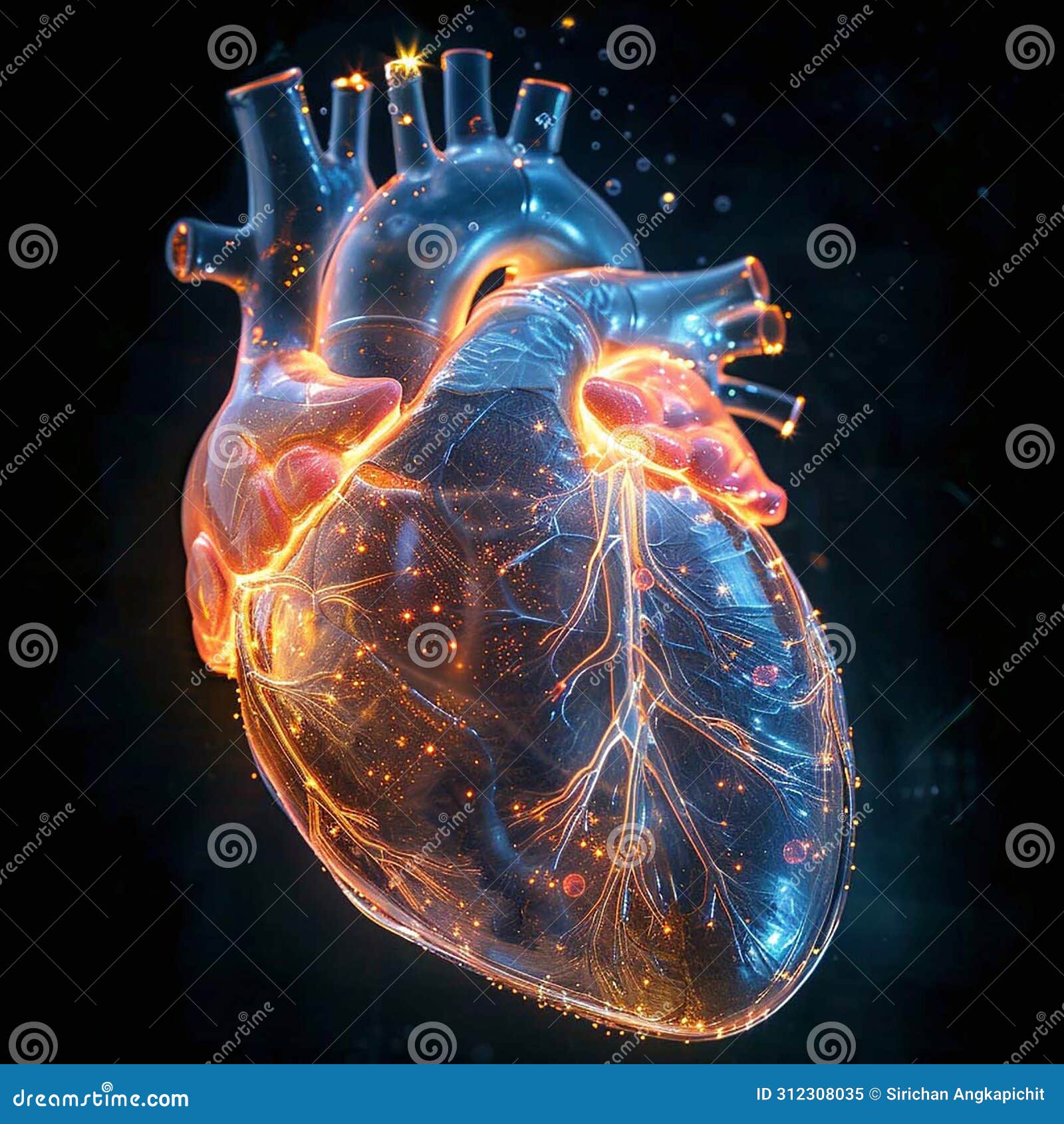 Illuminated Human Heart with Vascular Network , AI Generate Stock ...
