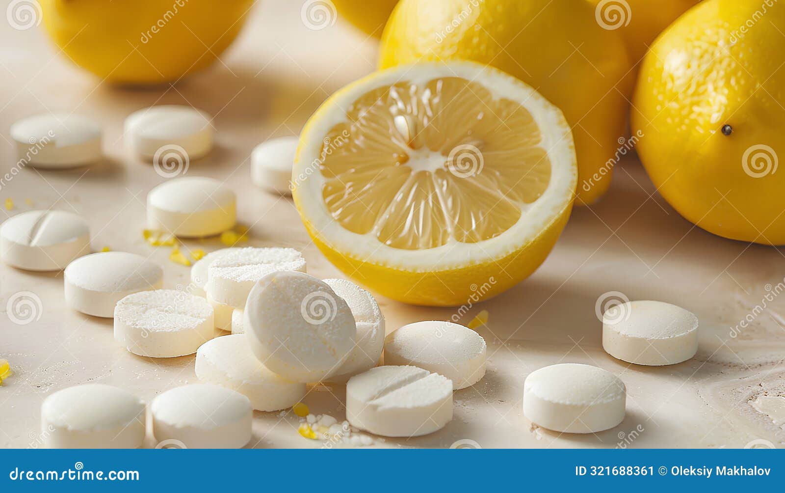Vitamin C Effervescent Tablets and Lemons on Beige Grunge Table Stock ...