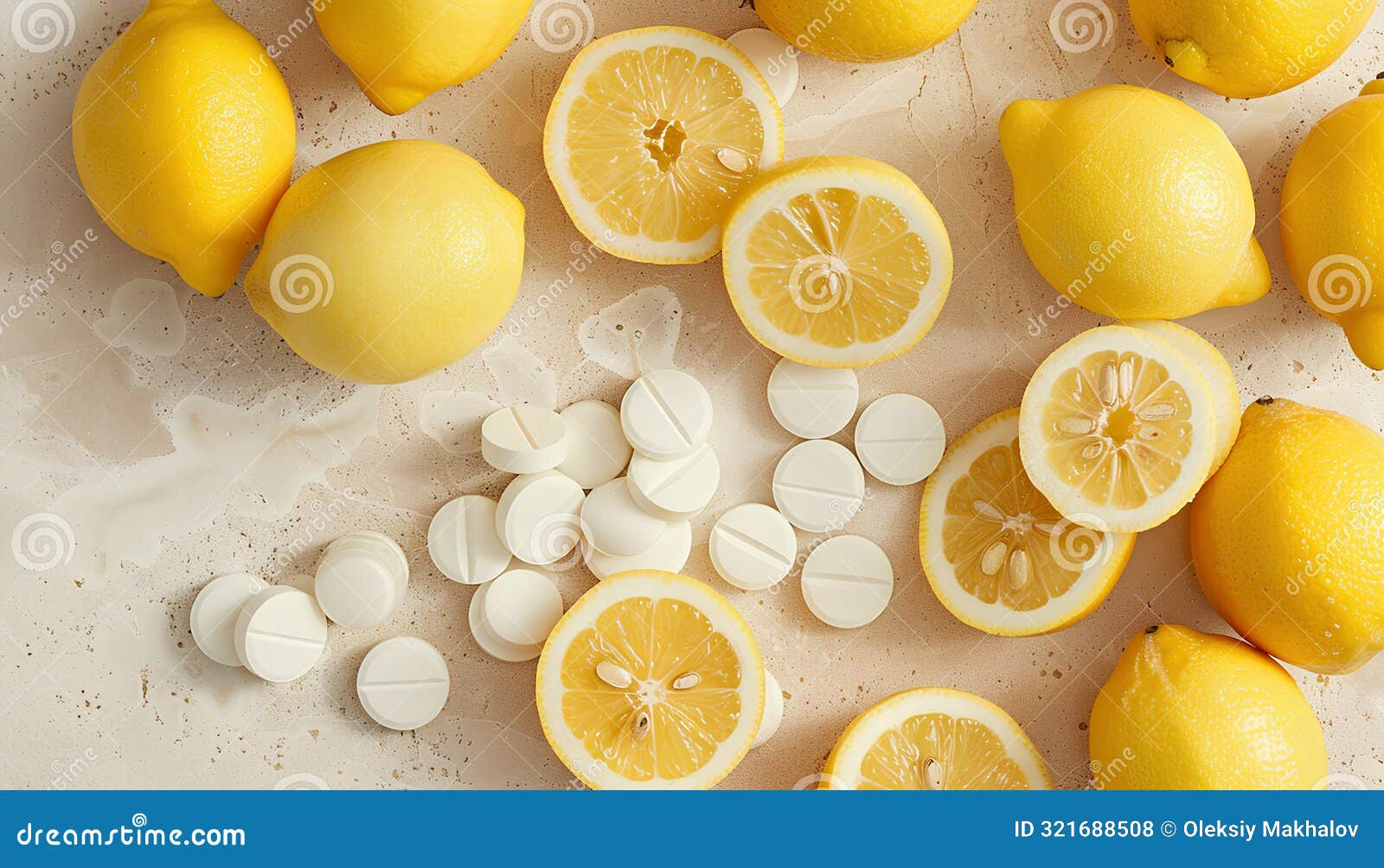 Vitamin C Effervescent Tablets and Lemons on Beige Grunge Table Stock ...