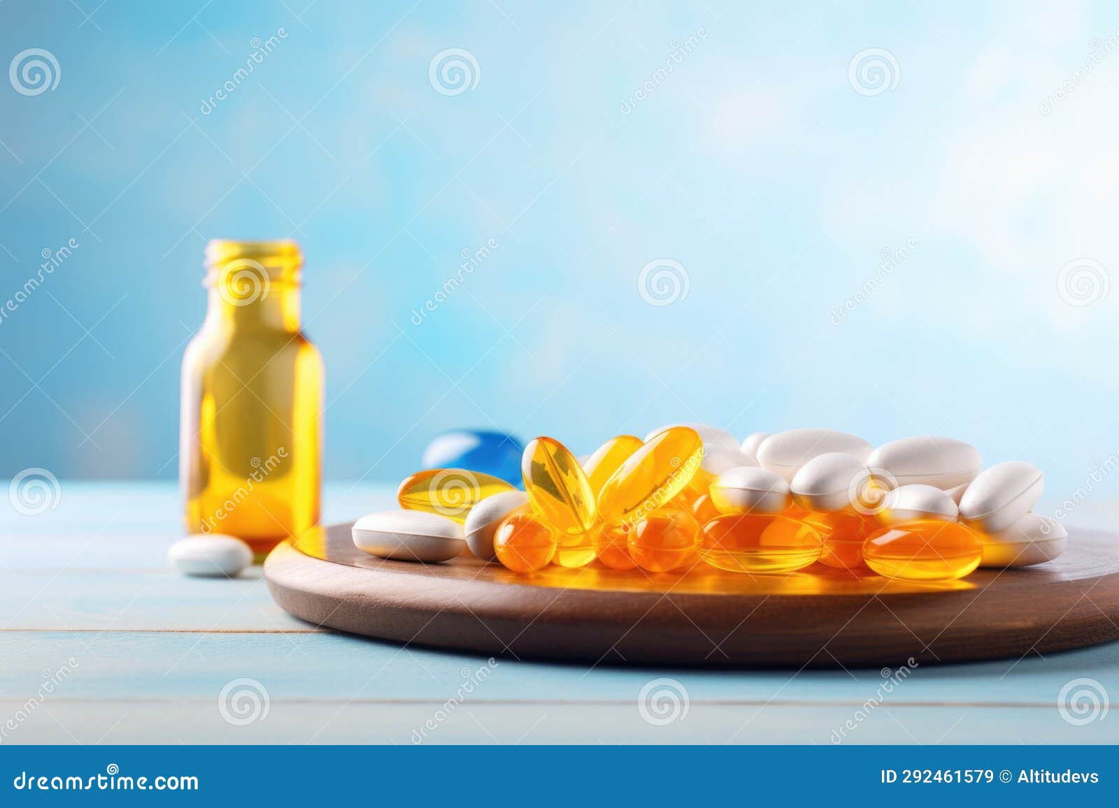 Vitamin D Supplements on White Table in Front of Blue Backdrop Stock ...