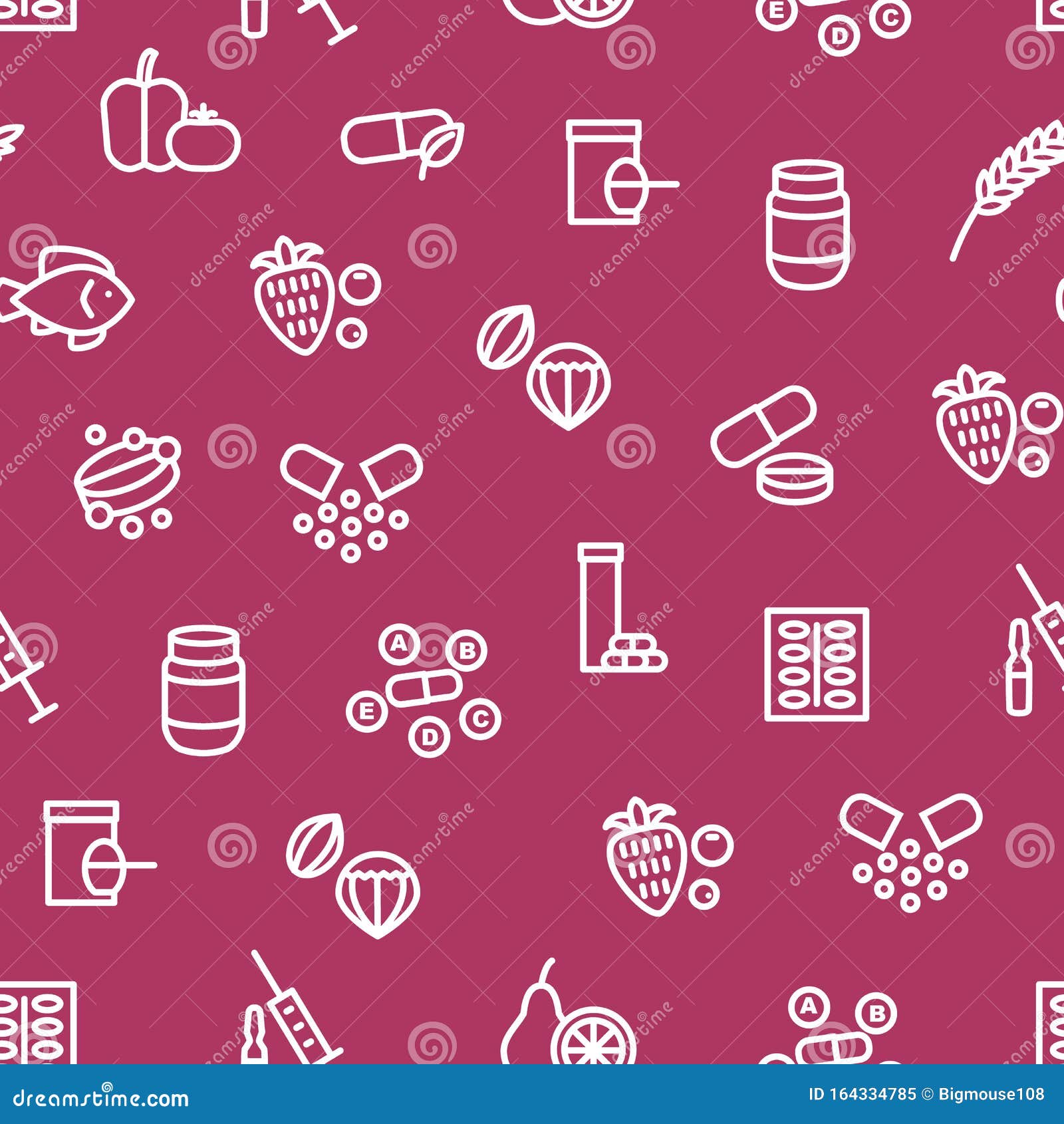 Vitamin and Dietary Signs Thin Line Seamless Pattern Background. Vector ...