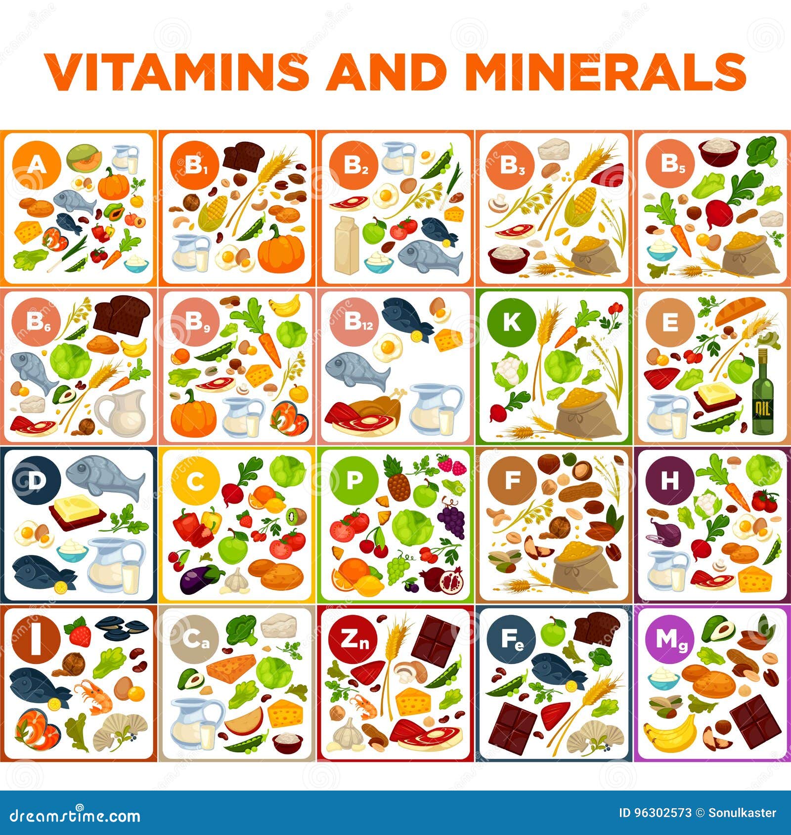 Vitaminas Y Hoja De Cálculo Grande De Los Minerales Con Los Ejemplos Coloridos Ilustración Del