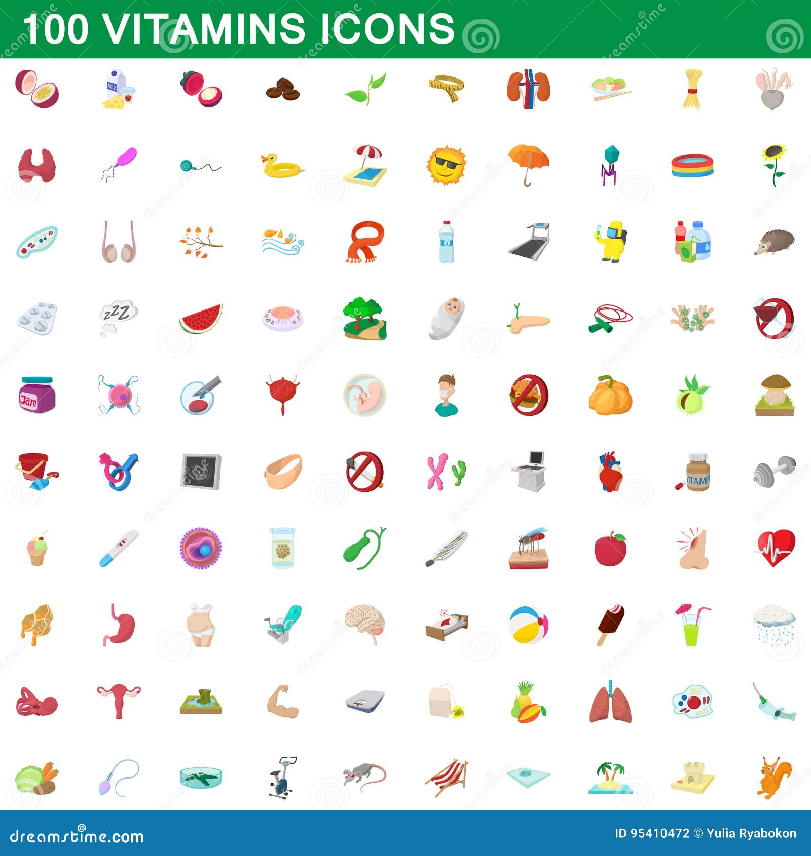 100 Vitamins Icons Set, Cartoon Style Stock Vector - Illustration of ...