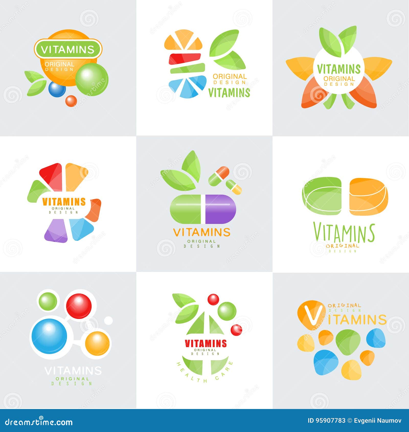 Vitamins Logo Set Original Design Colorful Vector Illustrations Stock ...