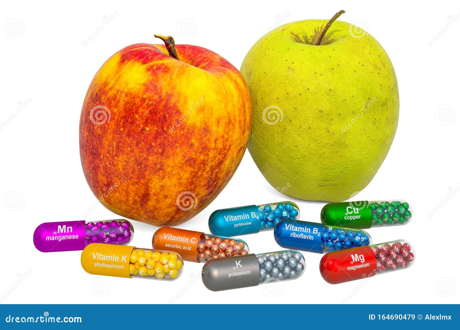 Vitamins and Minerals of Apple, 3D Rendering Stock Illustration ...