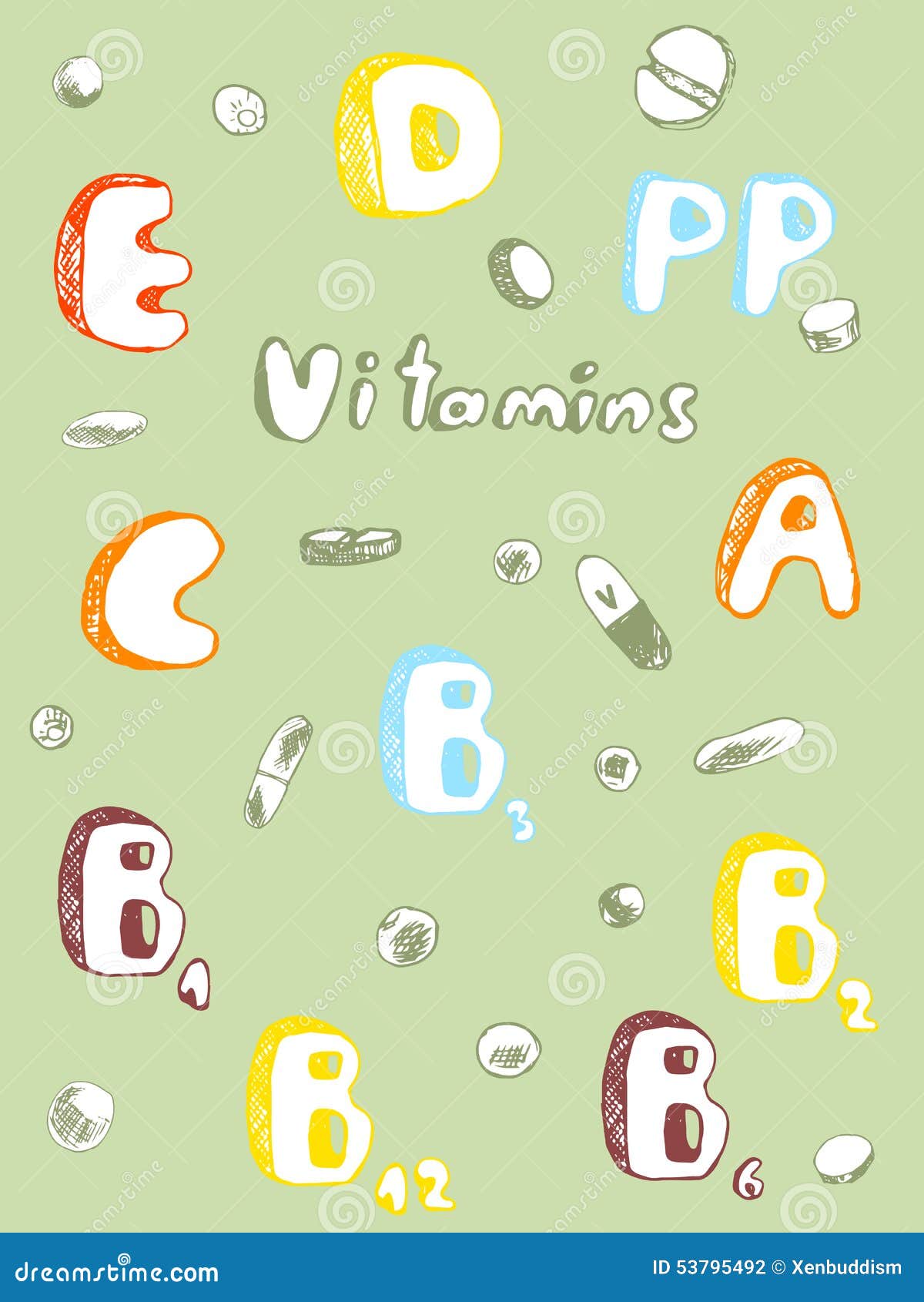 Vitamins and Pills in the Sketch Style, Colors Stock Illustration ...