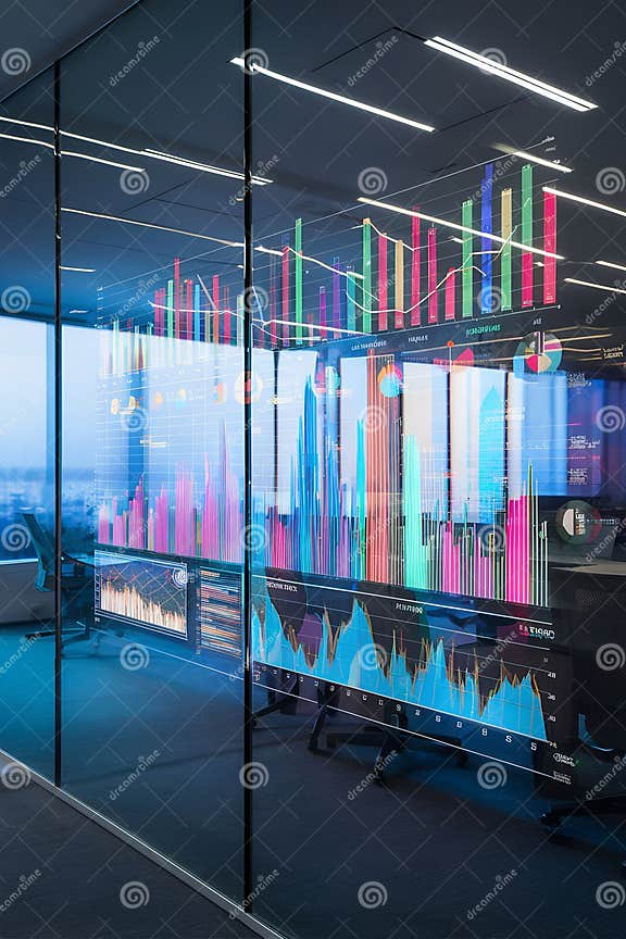 Colorful Data Visualization Projected Onto Glass Wall in Modern Office ...
